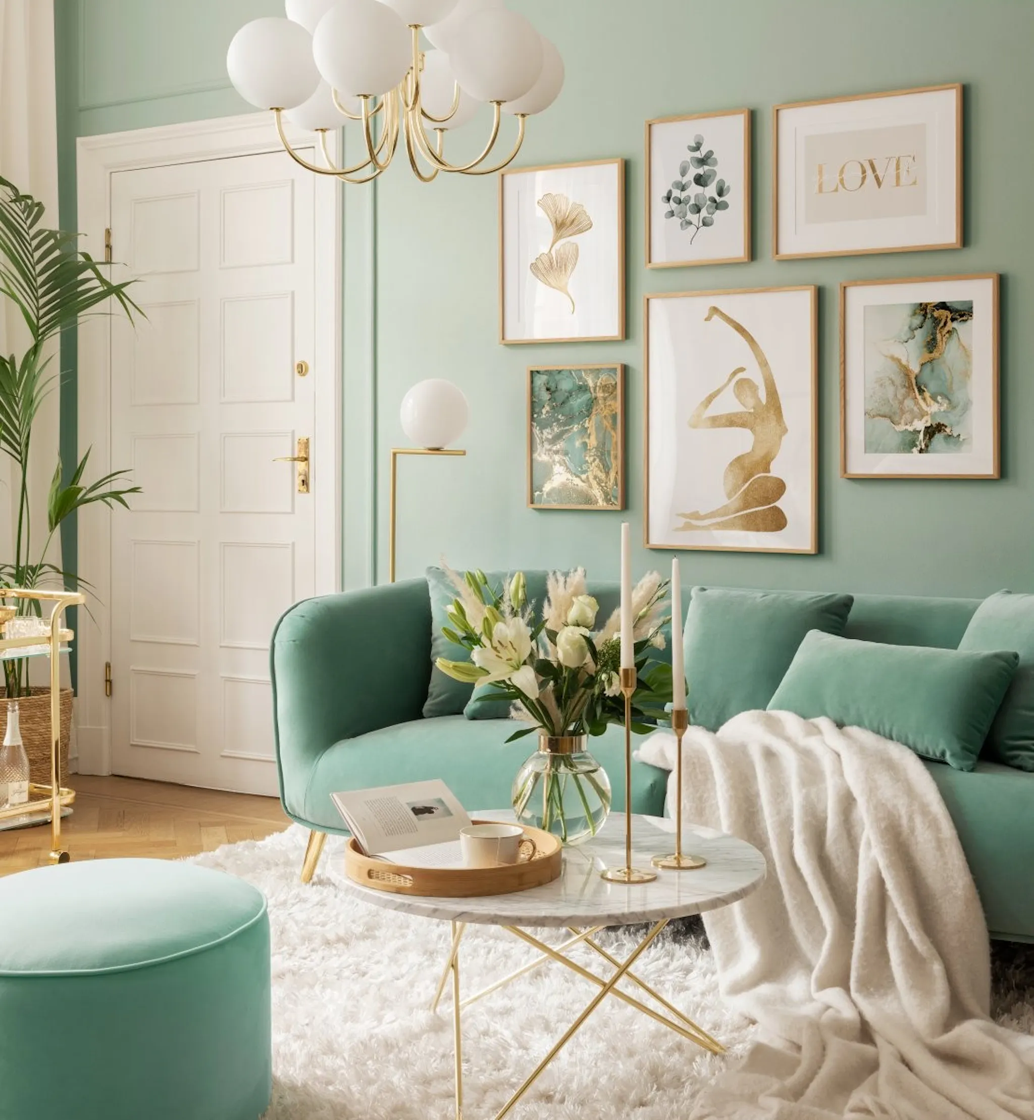 Cozy Living Room Gallerywall Poster | Elegant Mint Green and Gold Art ...