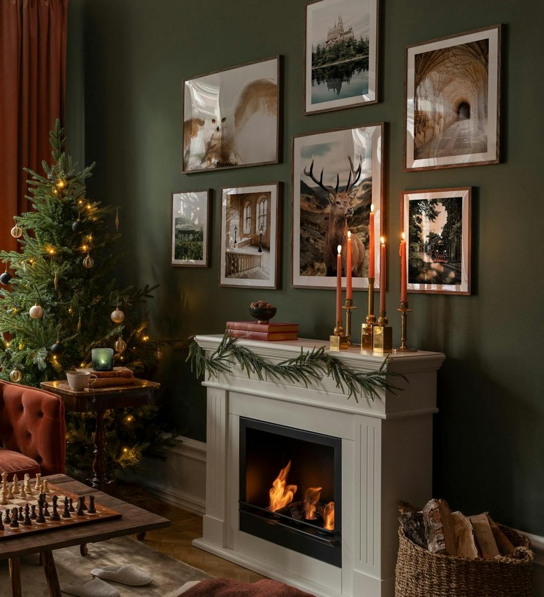 Christmas Gallery Wall Poster | Cozy Holiday Fireplace and Tree Art ...