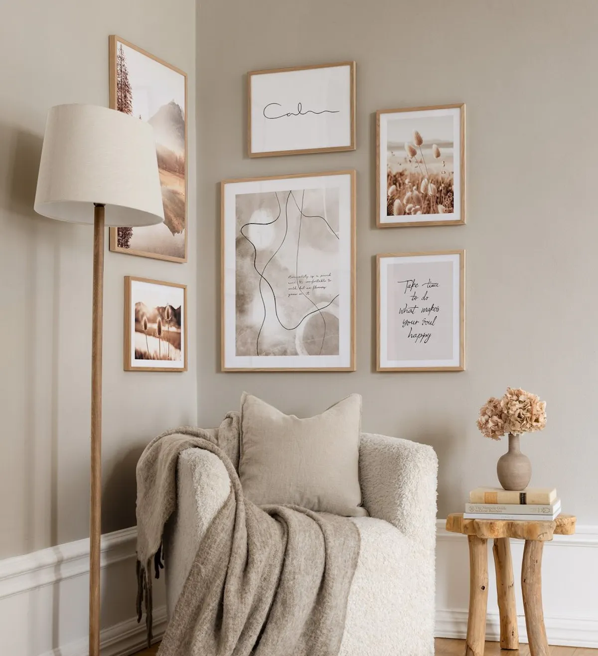 Gallery wall of nature prints with quotes in calm colours with oak ...