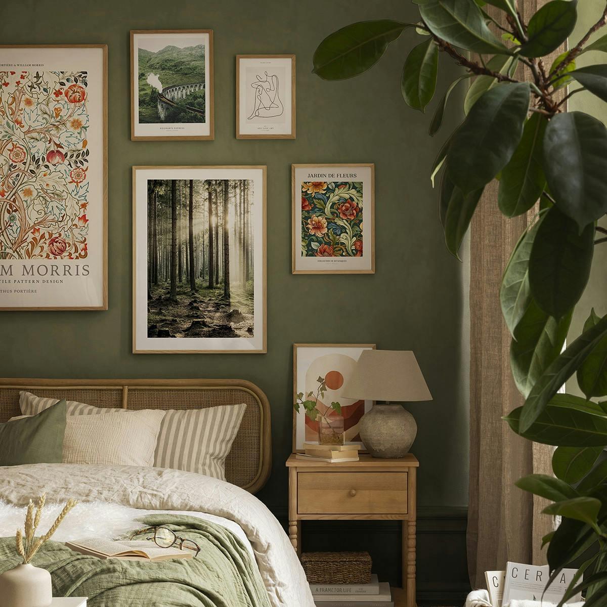 Cozy Bedroom Green Wall Gallerywall | Natural Earthy Tones Gallery Art ...